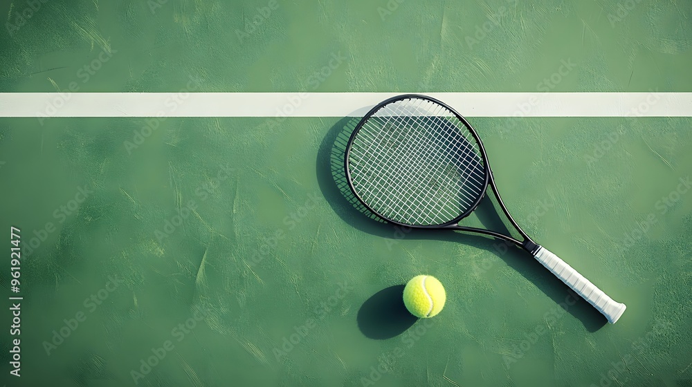 One tennis ball and one tennis racket on a green tennis court, white ...