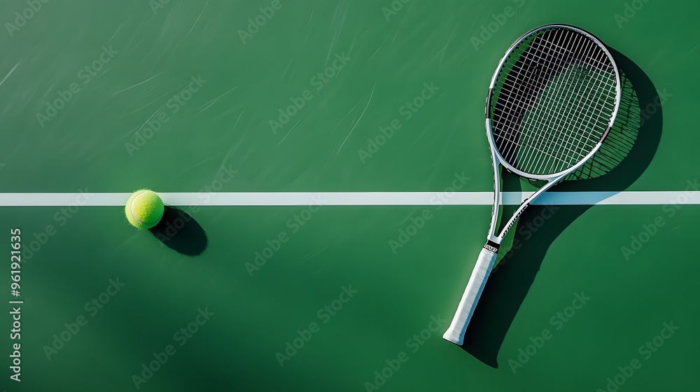 One tennis ball and one tennis racket on a green tennis court, white ...
