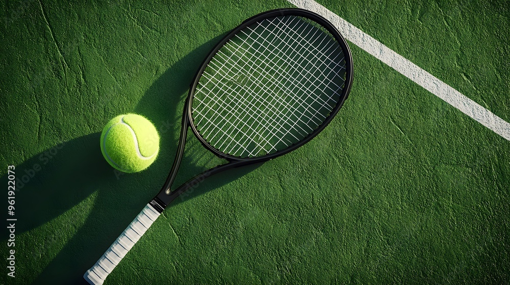 One tennis ball and one tennis racket on a green tennis court, white ...