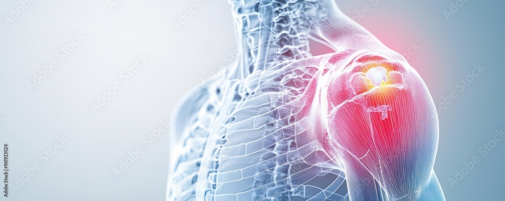 Medical diagram showing inflammation around a shoulder joint, color ...