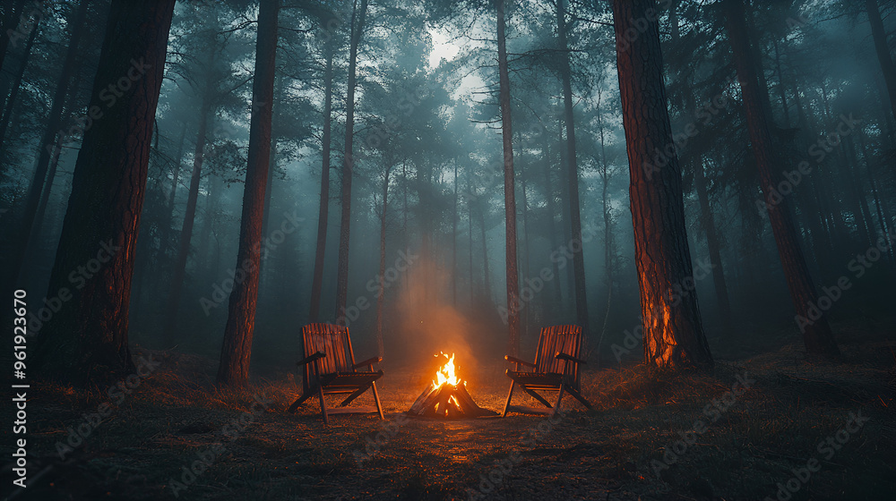 una fogata en medio del bosque entre los arboles en un dia nublado al ...