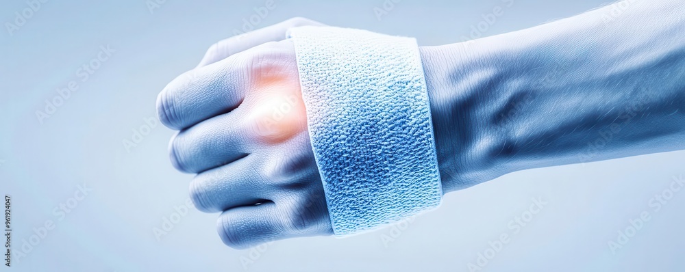 Swollen wrist joint with medical bandage, focused on the injury, joint ...