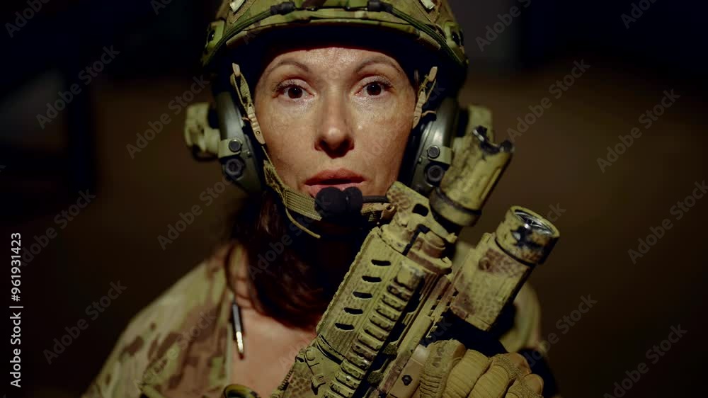 A female soldier equipped with a tactical helmet and microphone, with ...