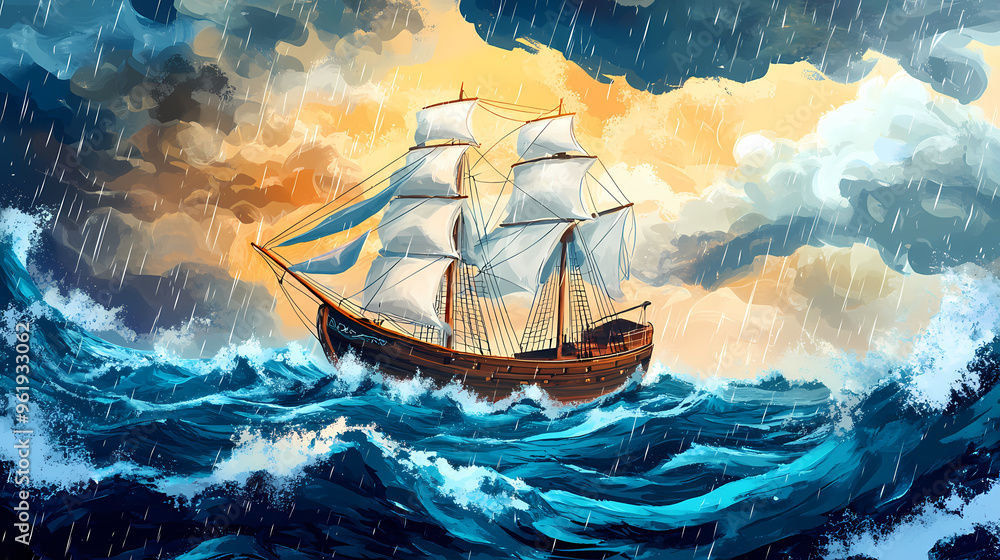 Sailing ship swinging on stormy sea waves, rough ocean with rain and ...