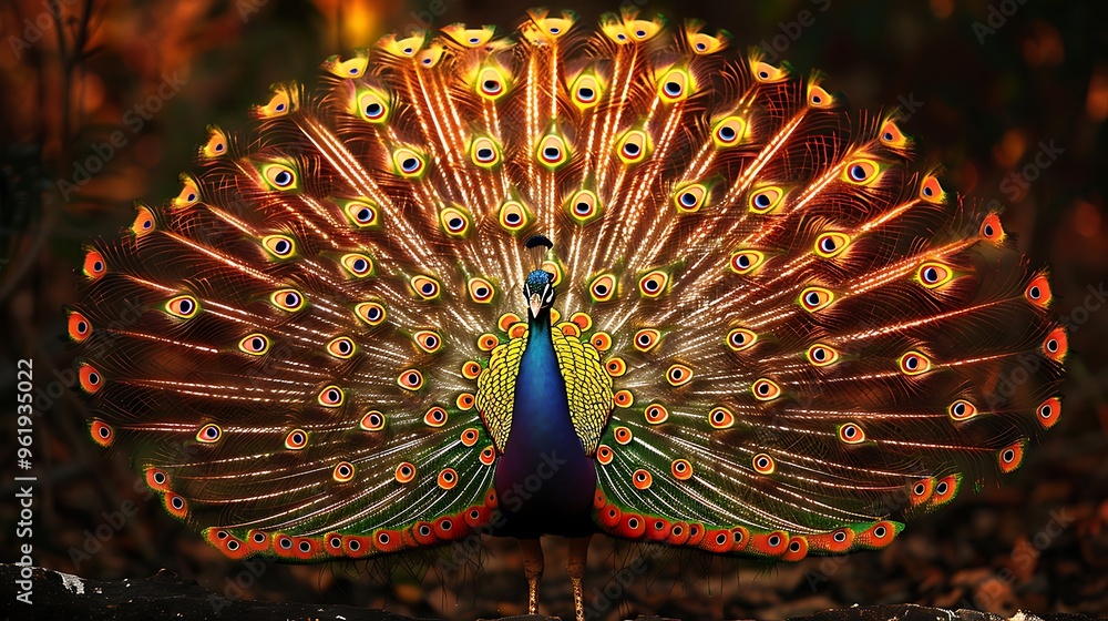 Vibrant peacock displaying full feather fan: A peacock proudly displays ...