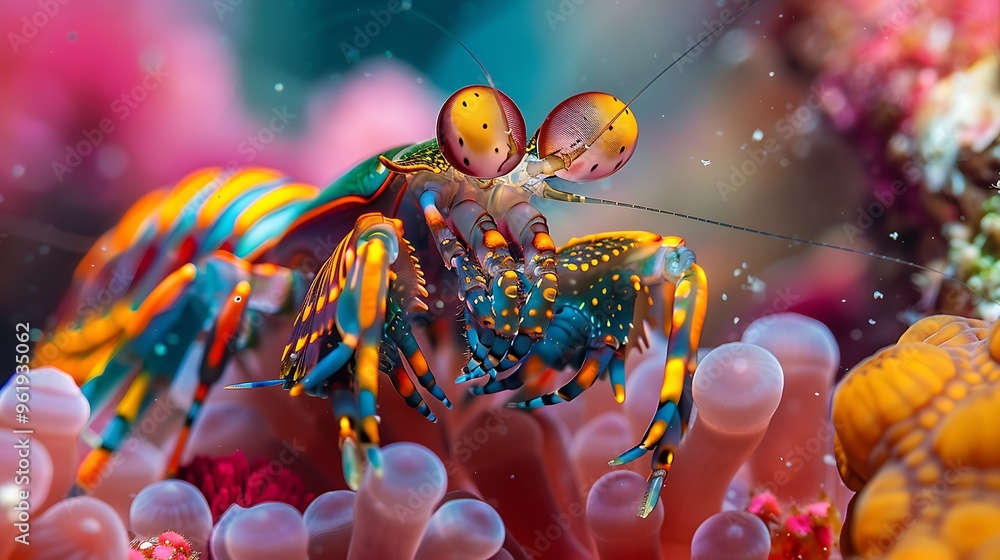 Colorful mantis shrimp in defensive pose, coral reef: A colorful mantis ...