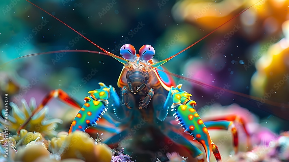 Colorful mantis shrimp in defensive pose, coral reef: A colorful mantis ...