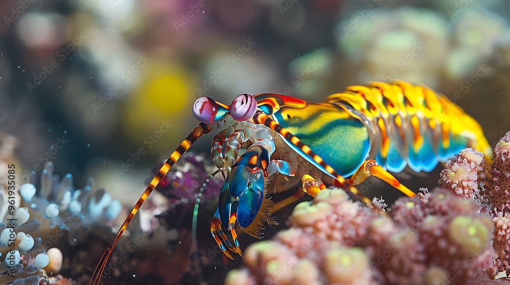 Colorful mantis shrimp in defensive pose, coral reef: A colorful mantis ...