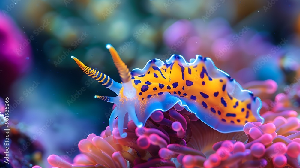 Colorful sea slug (nudibranch) on coral reef, macro view: A colorful ...