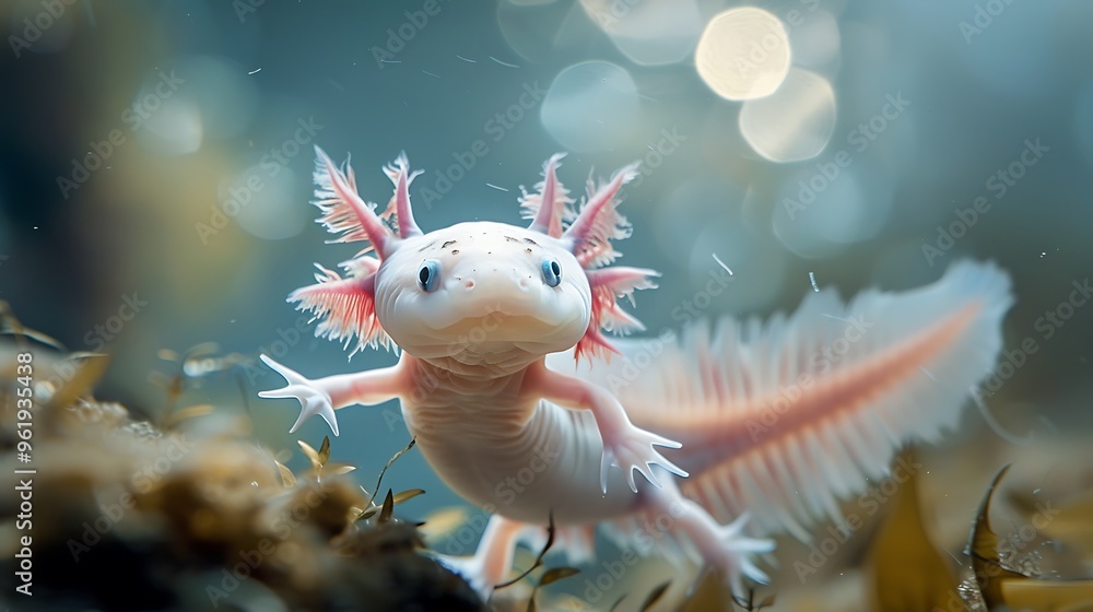 Curious axolotl underwater, showcasing external gills: A curious ...