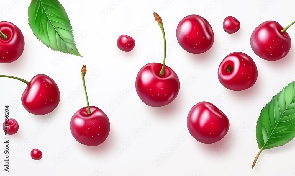 Various forms of fresh cherries on an isolated background, with a leaf ...