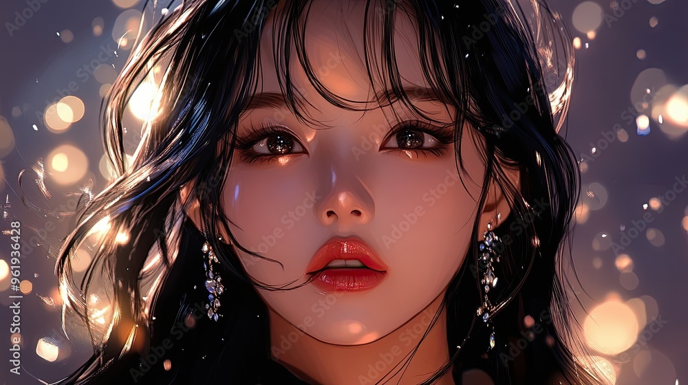 29. A portrait of a Korean K-pop singer in anime style with an elegant ...