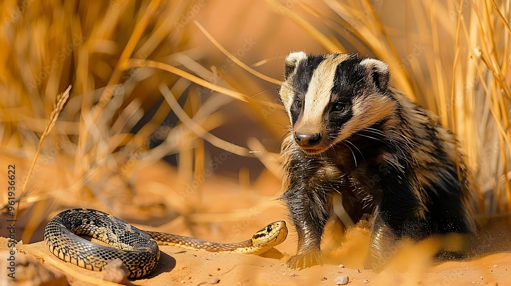 Fierce honey badger facing off against snake, savanna: A fierce honey ...