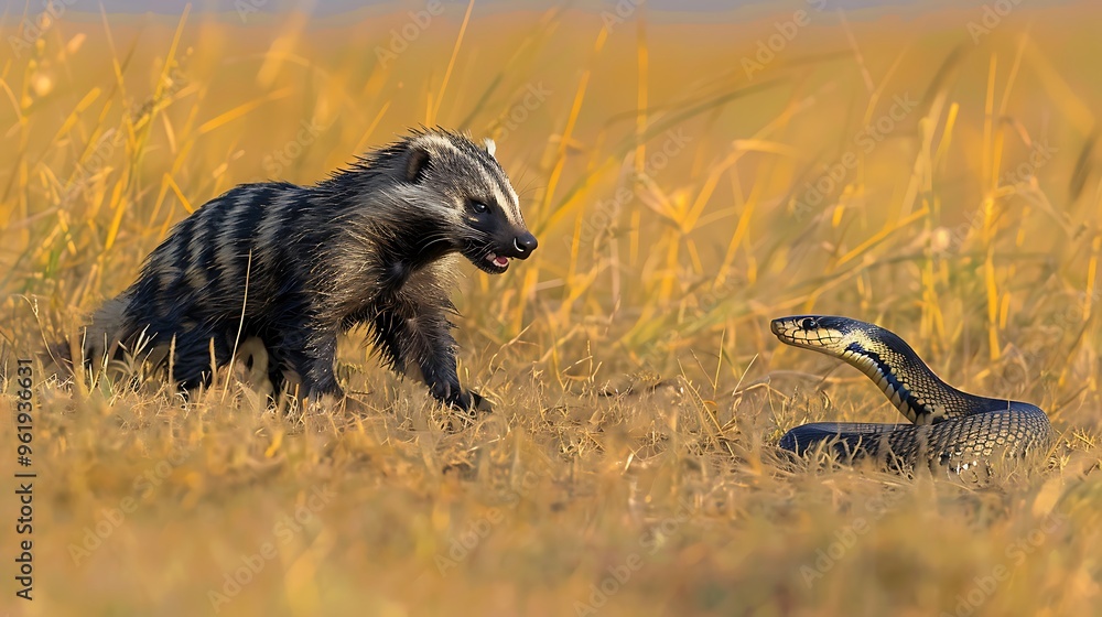 Fierce honey badger facing off against snake, savanna: A fierce honey ...