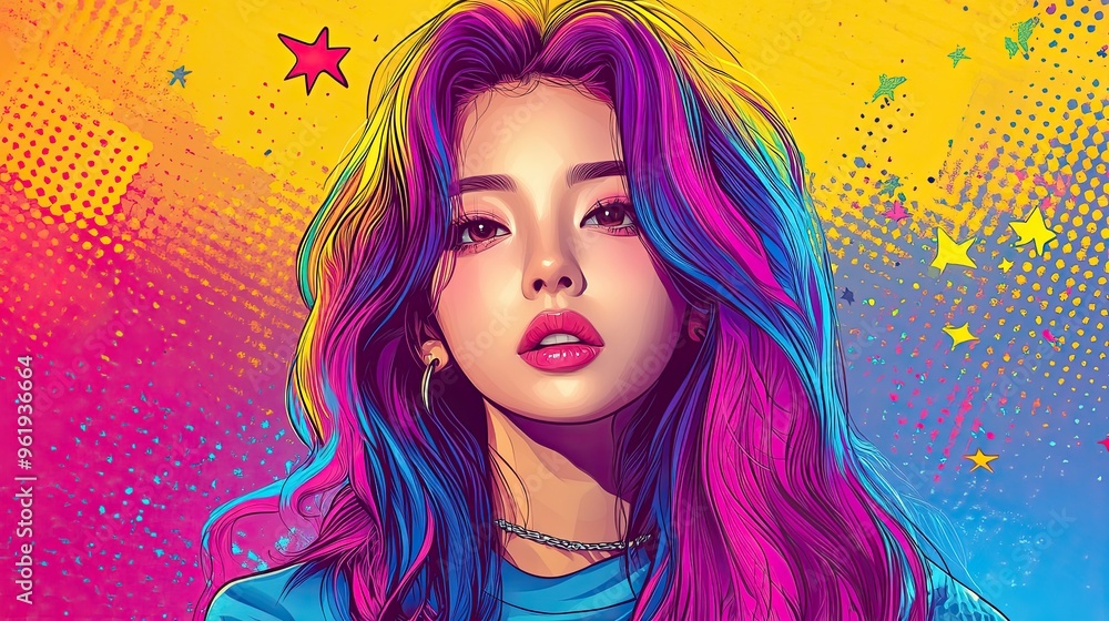 13. A portrait of a Korean K-pop singer in anime style with a playful ...