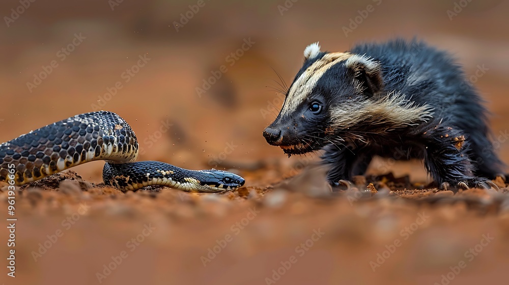 Fierce honey badger facing off against snake, savanna: A fierce honey ...