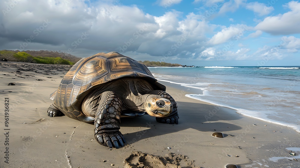 Gentle giant tortoise on Galapagos beach: A gentle giant tortoise moves ...