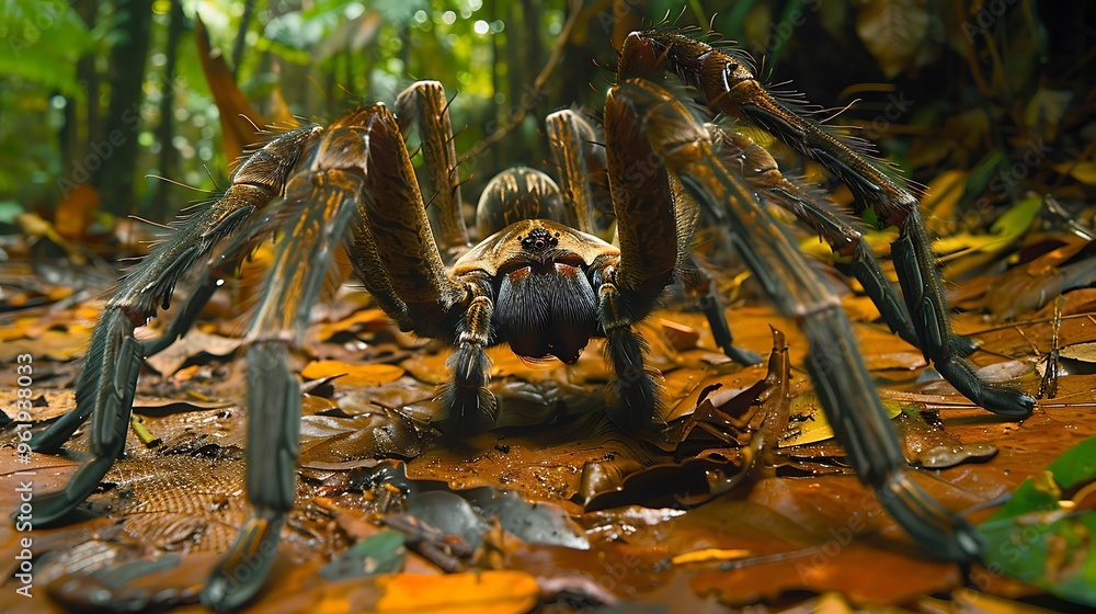 Massive Goliath bird-eating spider in jungle habitat: A massive Goliath ...