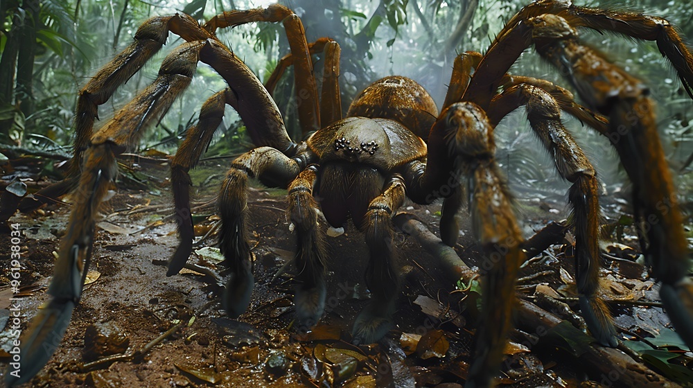 Massive Goliath bird-eating spider in jungle habitat: A massive Goliath ...
