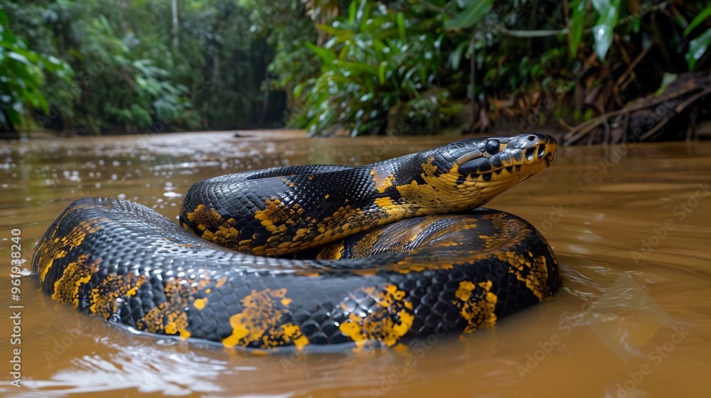 Massive anaconda coiled on riverbank, rainforest: A massive anaconda ...