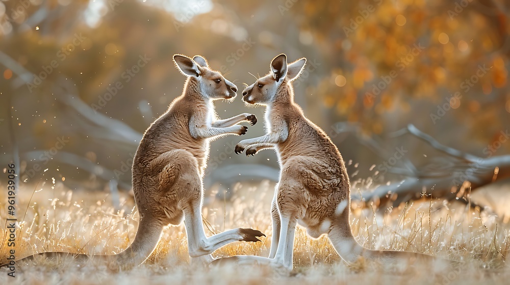 Playful kangaroo boxing in Australian outback: Two kangaroos engage in ...