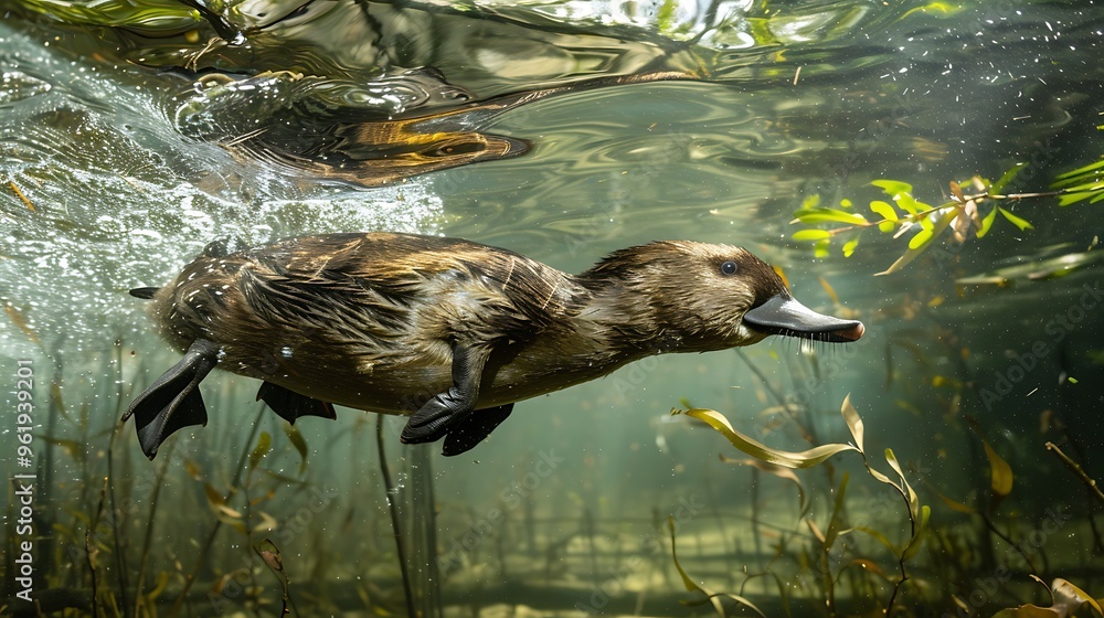 Playful platypus swimming in Australian creek: A playful platypus swims ...