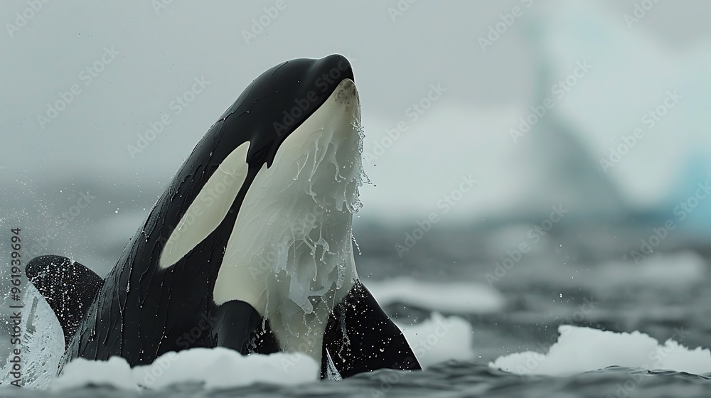 Powerful orca breaching in icy Arctic waters: A powerful orca breaches ...