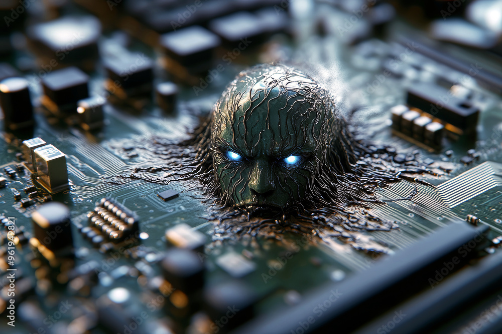 Creepy face emerging from a computer processor chip. AI Artificial ...