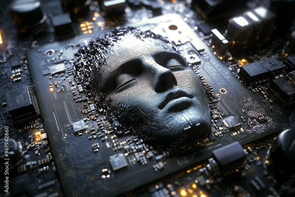 Creepy face emerging from a computer processor chip. AI Artificial ...