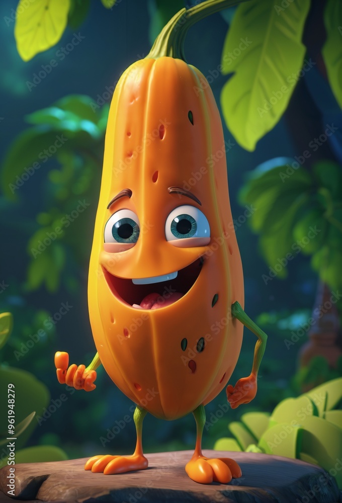 papaya, cartoon character is standing on a rock in the jungle with a ...