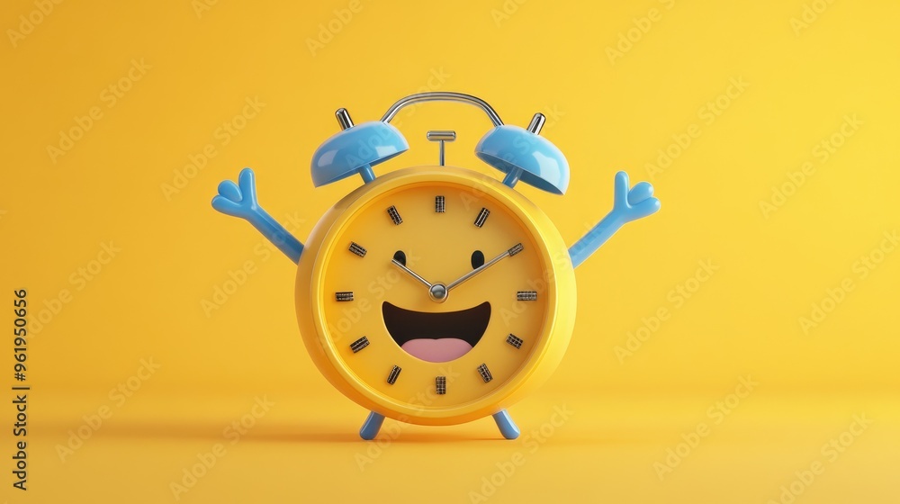 Happy alarm clock cartoon character with a friendly face, arms wide ...