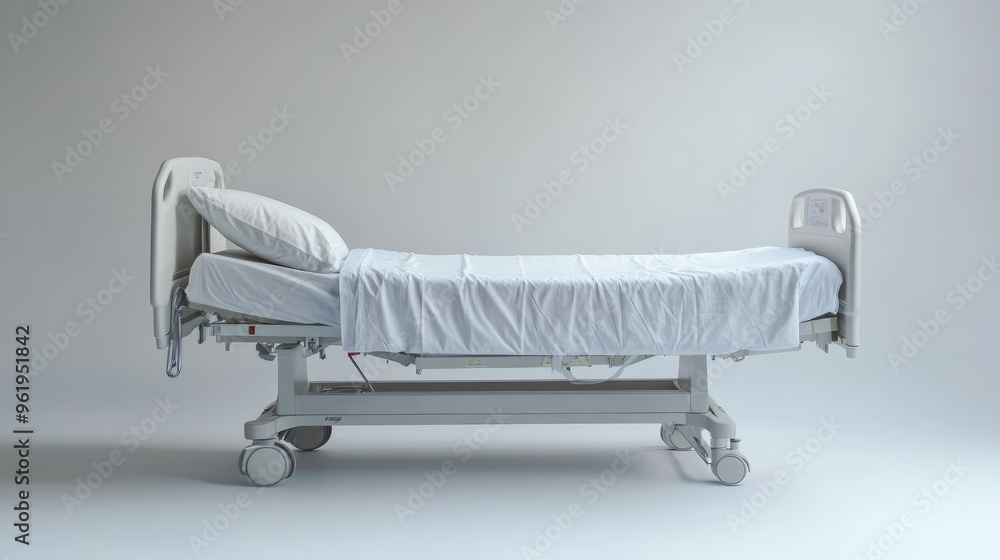 Hospital bed neatly prepared on a white background, evoking the ...