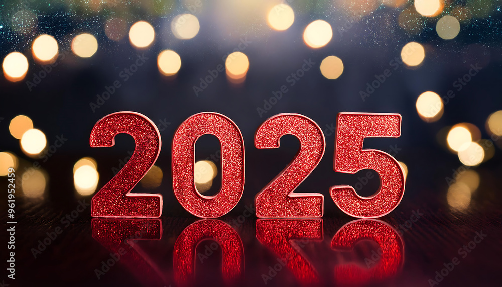Glowing red 2025 numbers on a dark bokeh holiday background. _1(555 ...