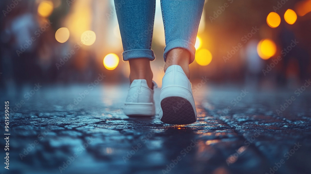legs striding through a busy city street, with a focus on the movement ...