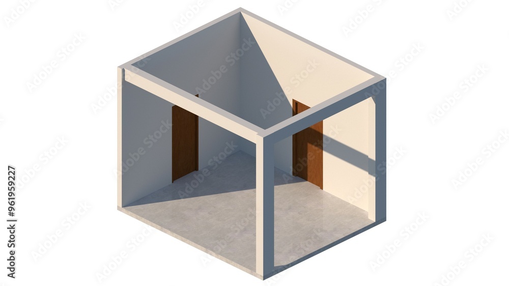 3D axonometric model rendering of a room with two doors, beams, and ...