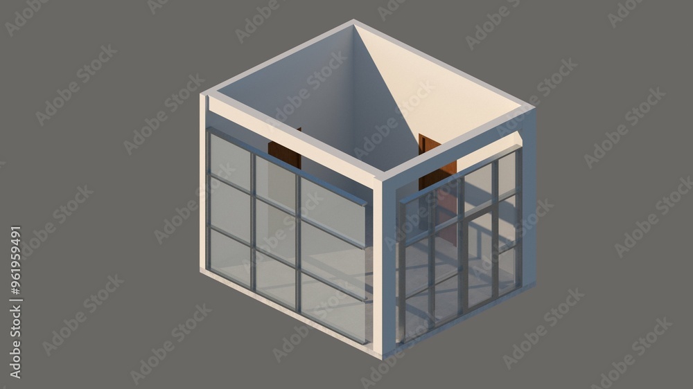 3D axonometric model rendering illustrations of a room with 2 doors ...