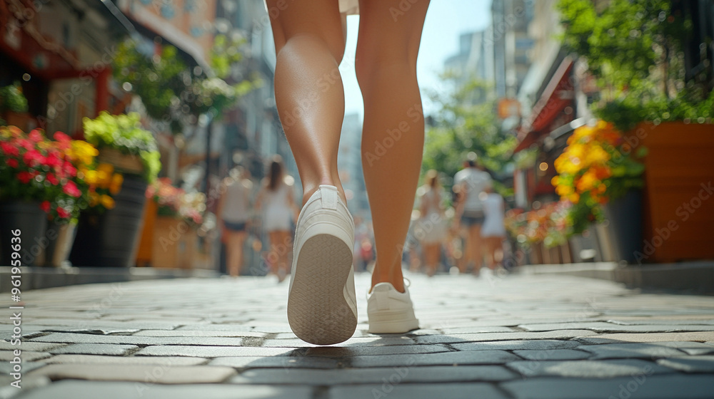 legs striding through a busy city street, with a focus on the movement ...