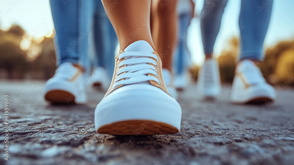legs striding through a busy city street, with a focus on the movement ...