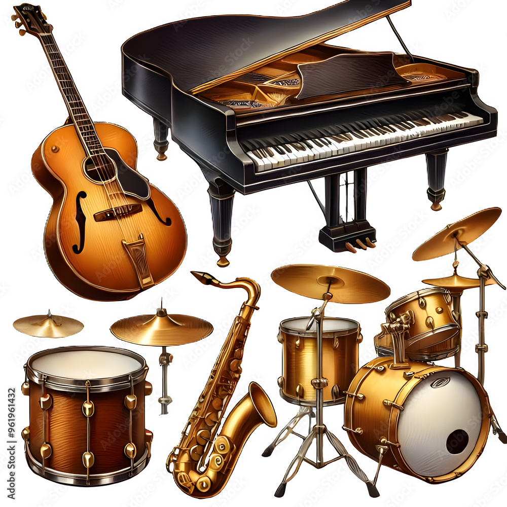 A beautifully rendered collection of jazz instruments, including a ...