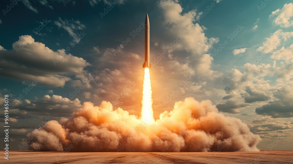 Powerful ballistic missile launching into the sky, with fire and smoke ...