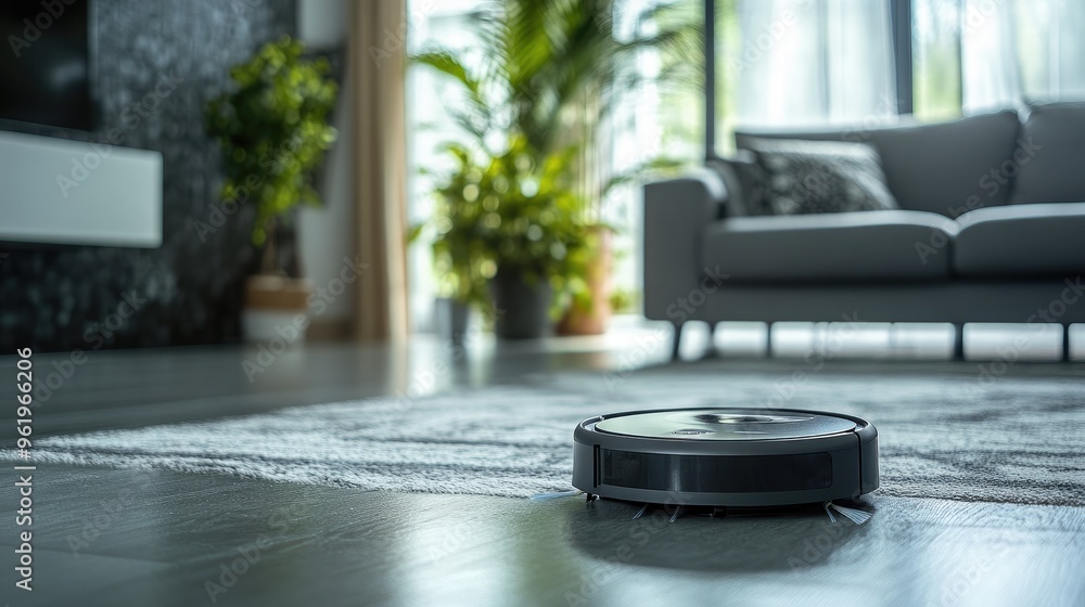 Robot vacuum cleaner working efficiently on a living room floor ...