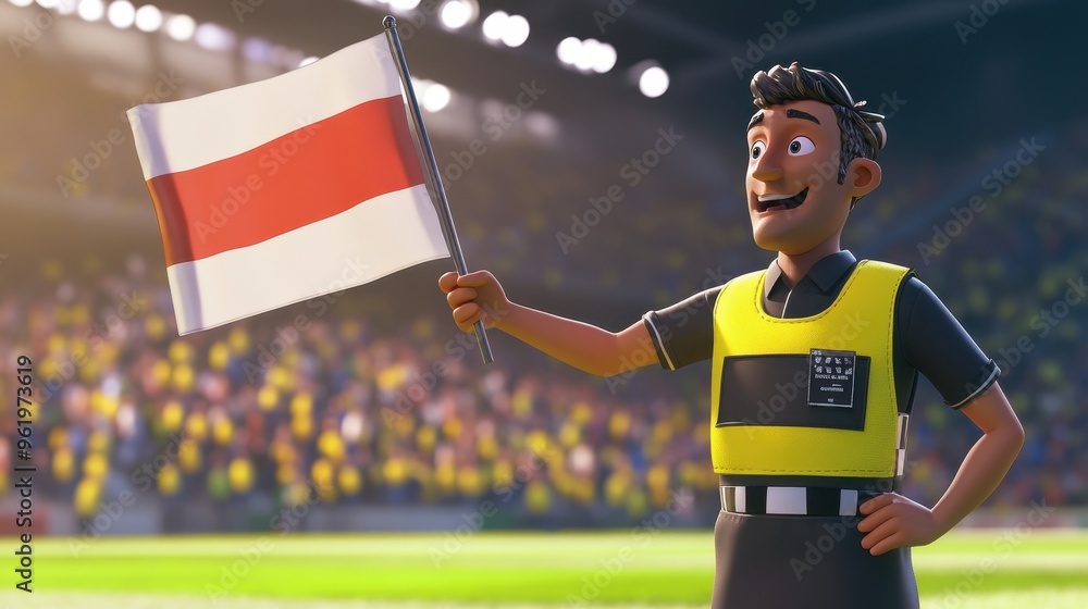 A cartoon referee stands on a football field, waving a flag with a ...