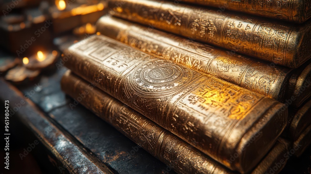 intricately engraved gold bars stacked in a opulent display covered in ...