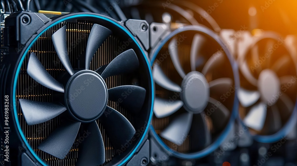 Detailed Mining Rig Components, close-up focus, circuit boards, GPUs ...