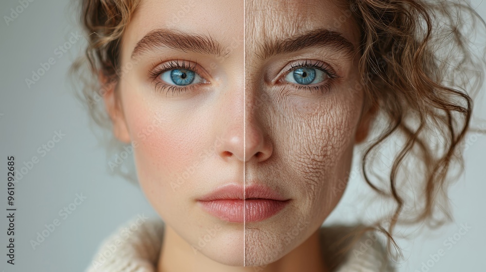 Commercial-style split-face image of a European woman showing the ...