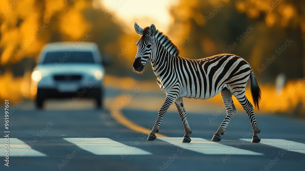 Zebra walking across a road with a car approaching in the background, a ...