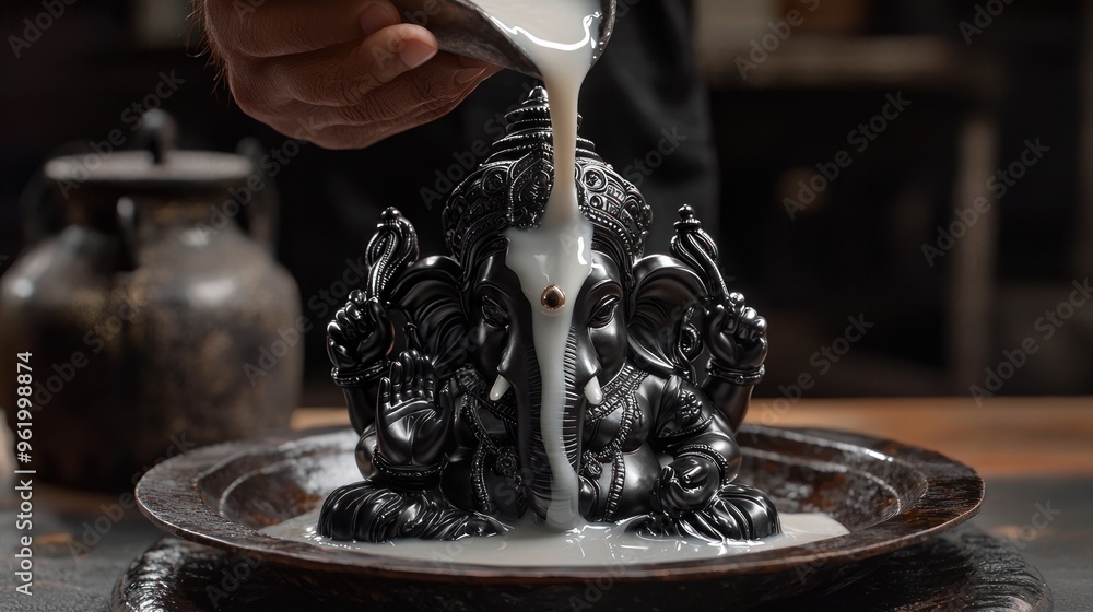 Black stone Ganesha statue is pouring white milk on an antique Ganesha ...