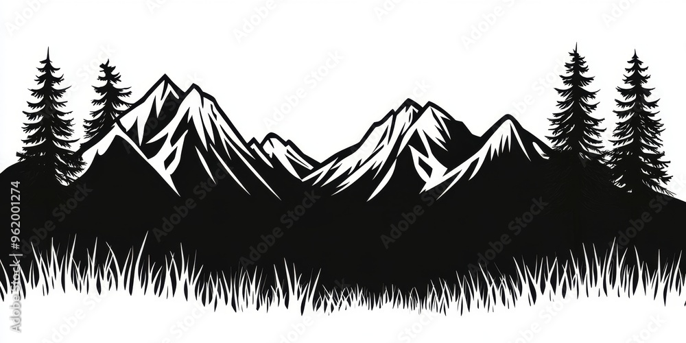 Minimalist Mountain Adventure: Black Silhouette Icons of Panoramic Landscape with Peaks and Fir ...
