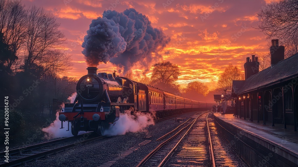 nostalgic emerald steam engine at twilight station wisps of vapor ...