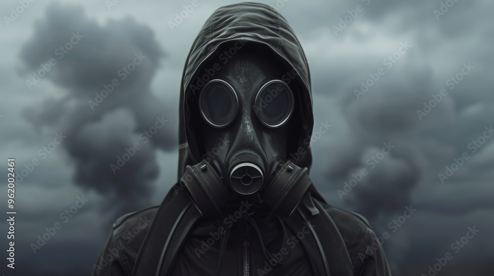 A hooded figure wearing a gas mask is captured against a turbulent ...
